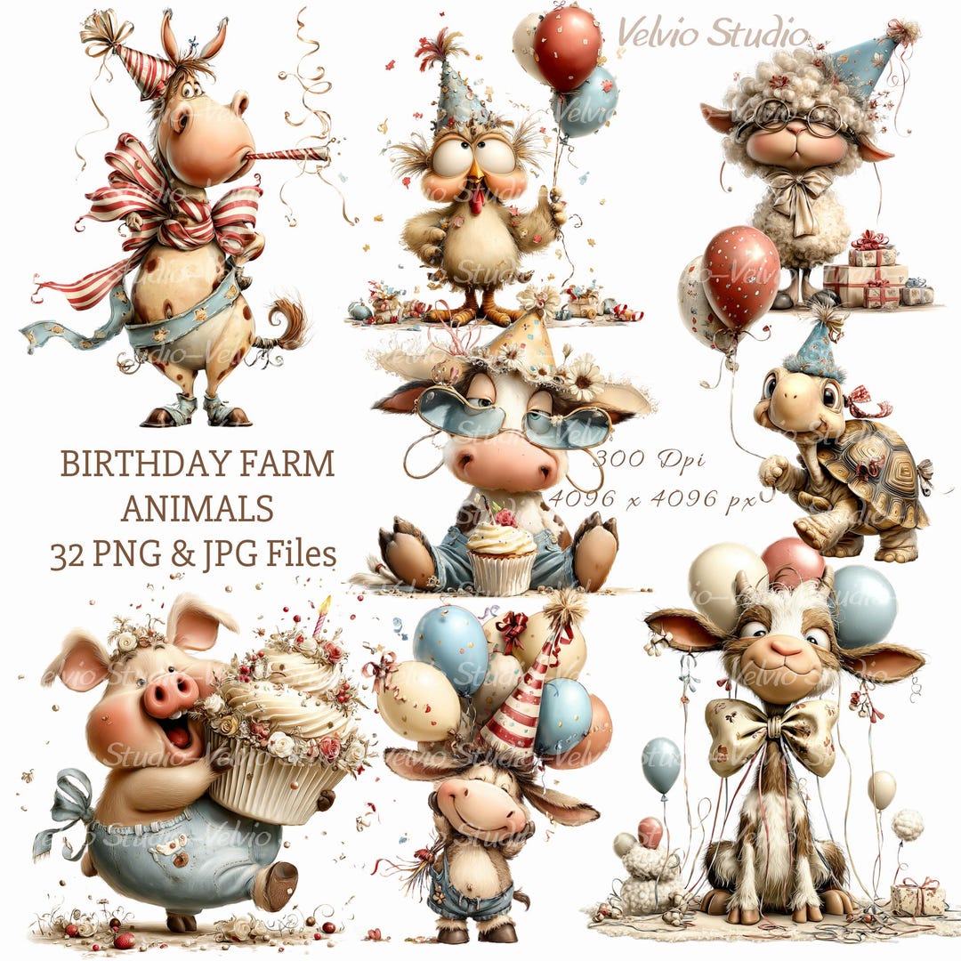 Birthday Farm Animals Clipart Set: 32 PNG & JPG Files (digital ...