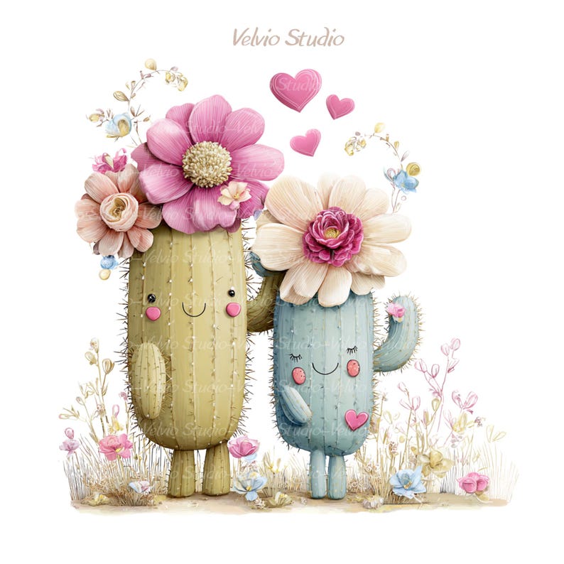 Valentine Cactus Couples Clipart: Floral Illustrations, 16 PNG & JPG ...
