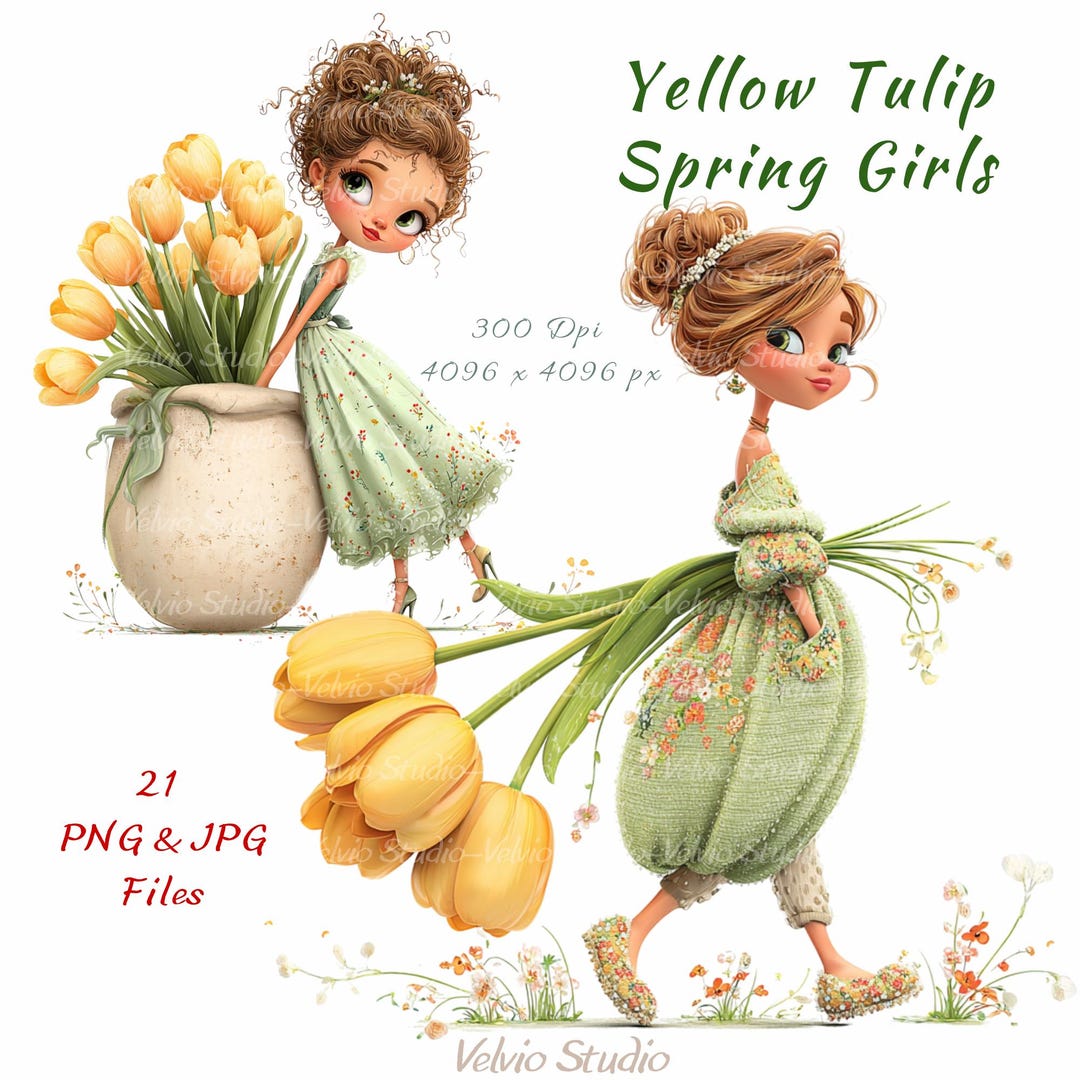 Yellow Tulip Spring Girls Clipart Set: 21 PNG & JPG Files (digital ...