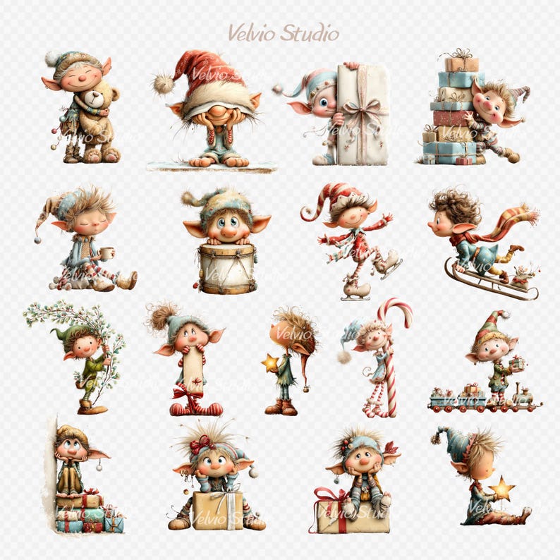 Cozy Christmas Elves Clipart Set: 17 PNG & JPG Files (digital Printable ...