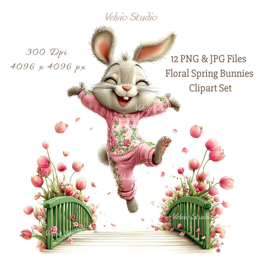 Floral Spring Bunny Clipart Set: 12 PNG & JPG Files Included (digital ...