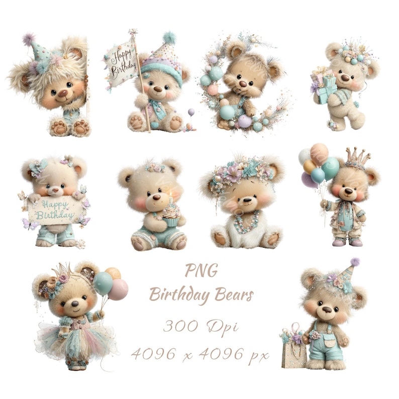 Birthday Bears Clipart Set: 10 Png Files (digital Download) - Etsy