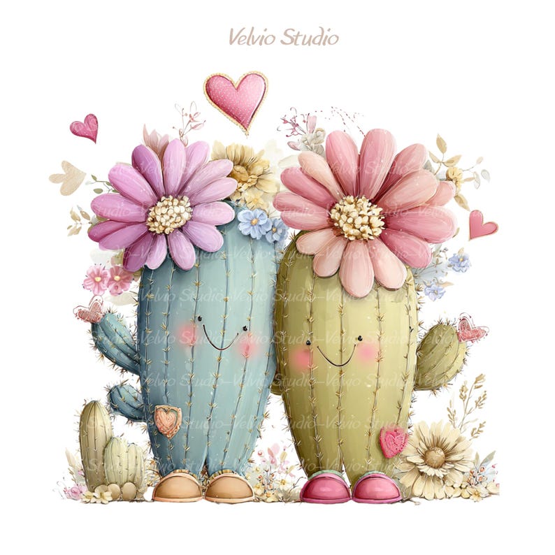 Valentine Cactus Couples Clipart: Floral Illustrations, 16 PNG & JPG ...