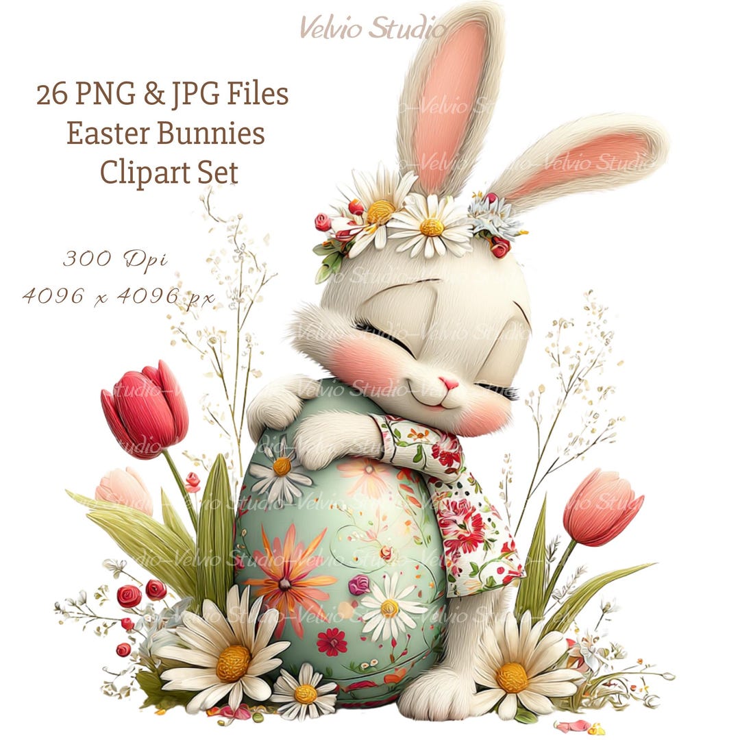 Whimsical Easter Bunny Clipart Set: 26 PNG & JPG Files (digital ...