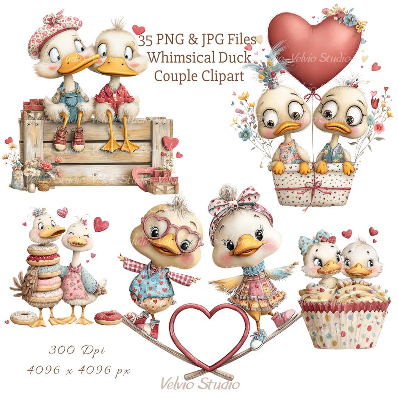Whimsical Duck Couple Clipart Set: Valentine Illustrations, 35 PNG ...