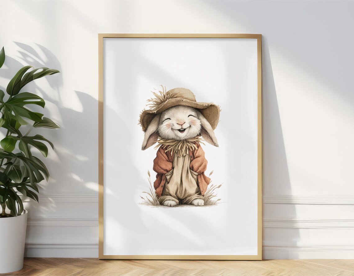 Scarecrow Bunny: Fall Nursery Wall Art, Watercolor Baby Room Poster ...