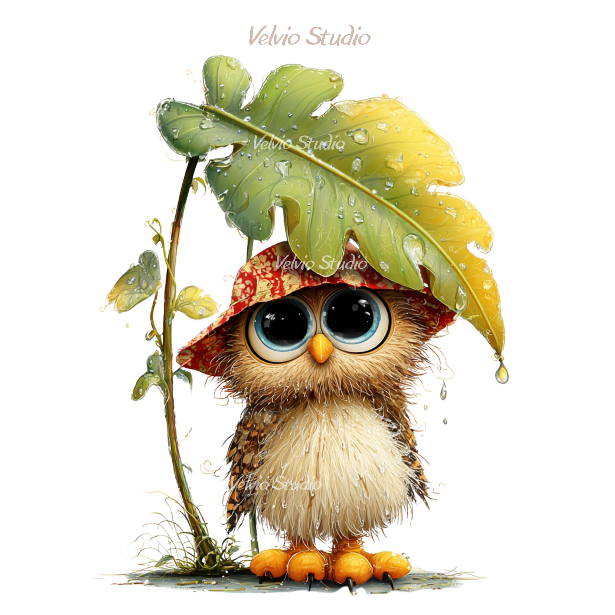 Whimsical Owl Under Leaf Clipart Set: Rainy Day Illustrations, 12 PNG ...