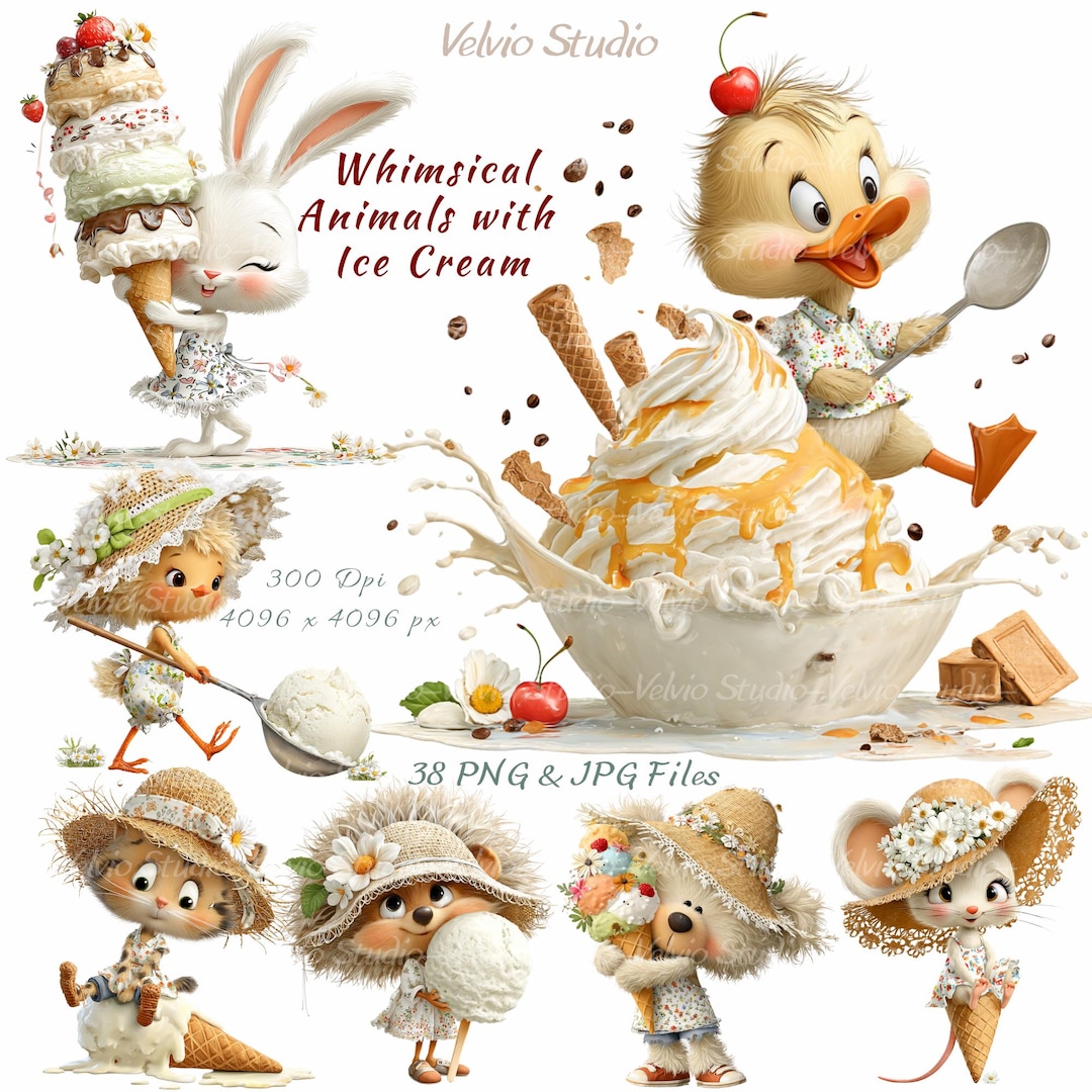 Whimsical Summer Animals With Ice Cream Clipart Set: 38 PNG & JPG Files ...