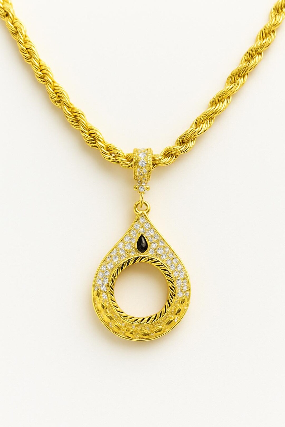 22K Gold-plated Teardrop Necklace • Turkish Rope Chain, Zirconia ...