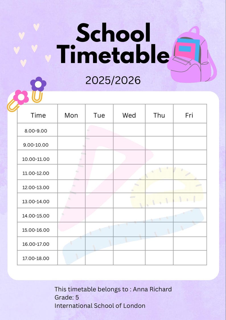 Editable School Timetable: Printable Student Planner (pdf/word, A4/US ...