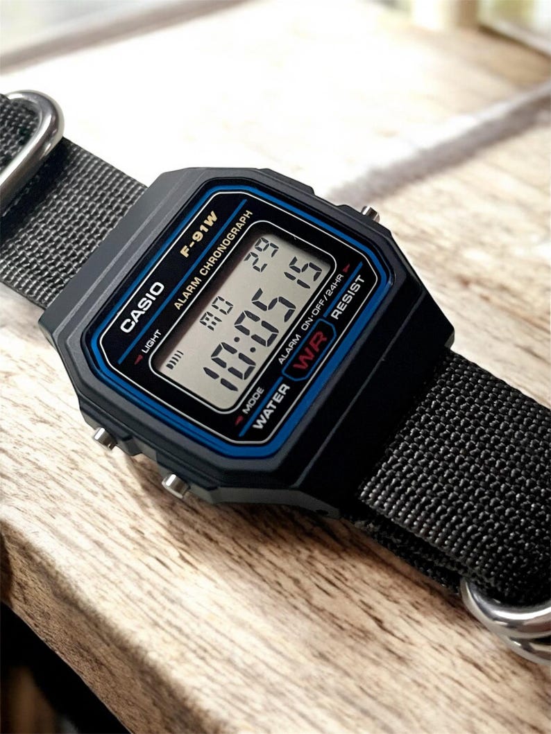 Custom Casio F-91W Black Digital Watch – Grey Nylon Strap - Etsy