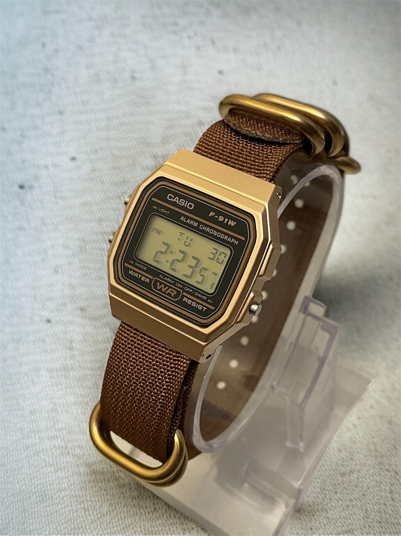 Custom Casio F-91 Gold Digital Watch – Brown Nylon Strap With Gold ...