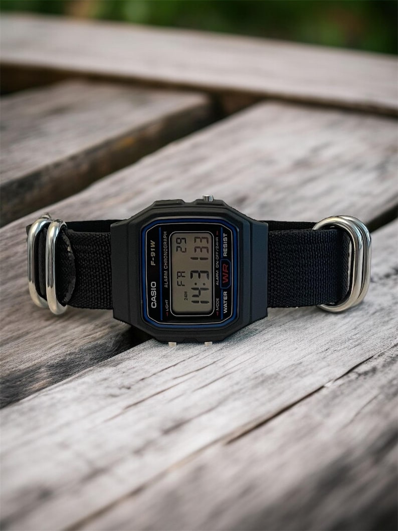 Casio F-91W Black Digital Watch – Black Nylon Strap - Etsy