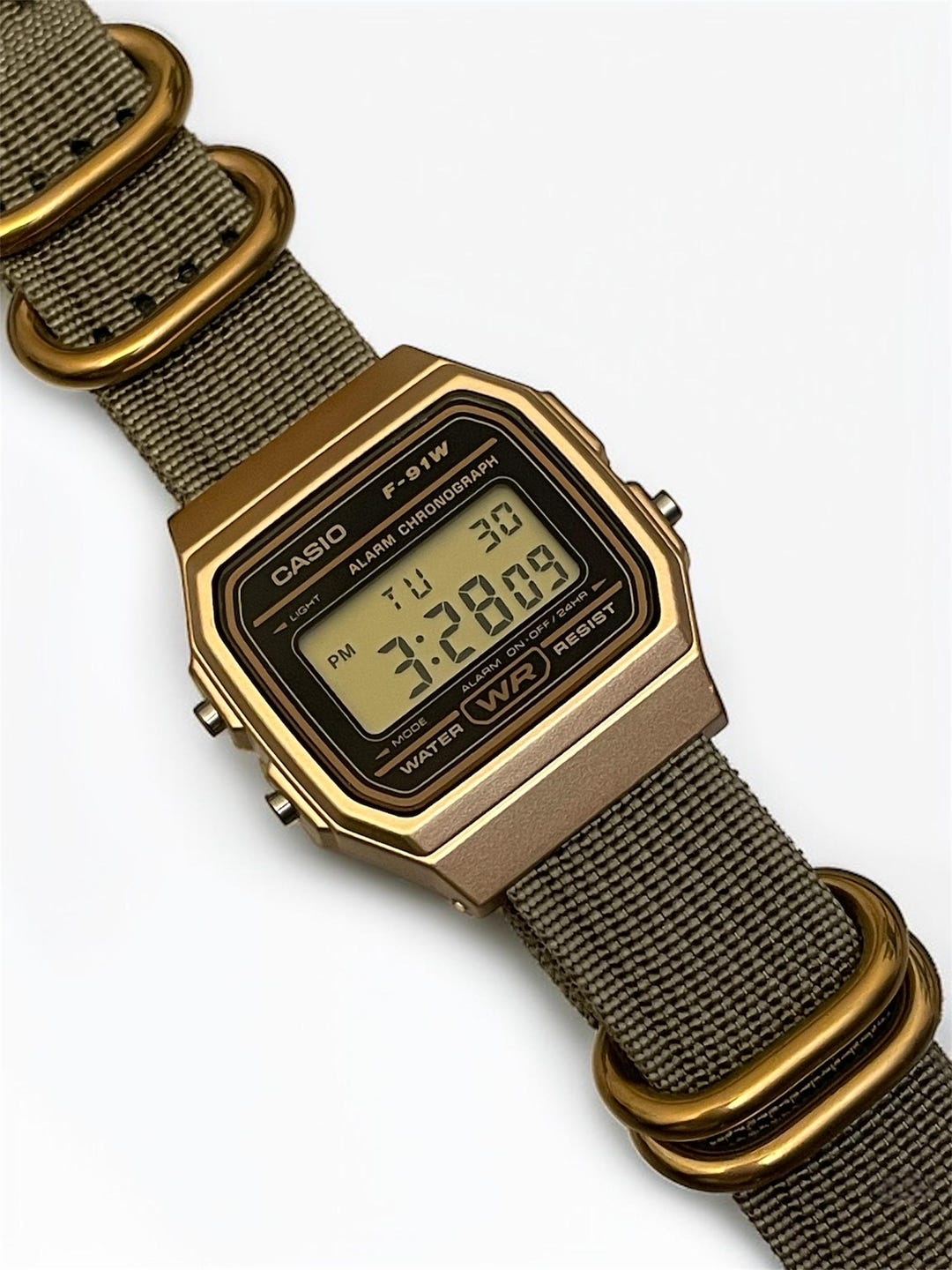 Custom Casio F-91 Gold Digital Watch – Green Nylon Strap, Gold Buckle ...