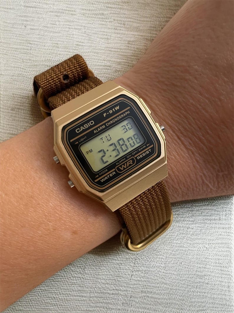 Custom Casio F-91 Gold Digital Watch – Brown Nylon Strap With Gold ...