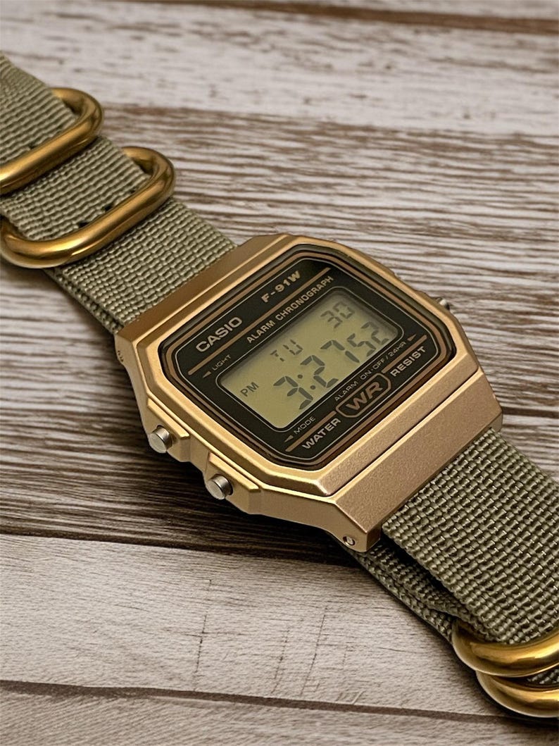 Custom Casio F-91 Gold Digital Watch – Green Nylon Strap, Gold Buckle ...