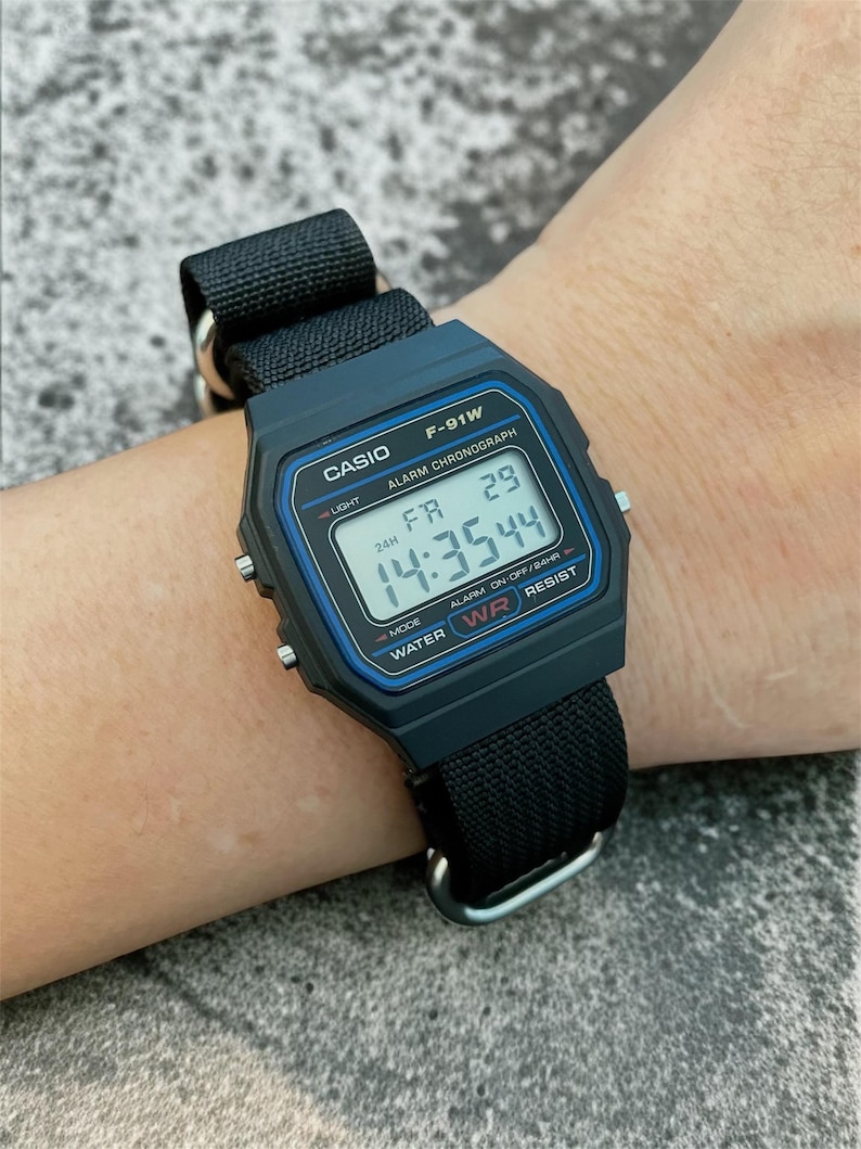 Casio F-91W Black Digital Watch – Black Nylon Strap - Etsy