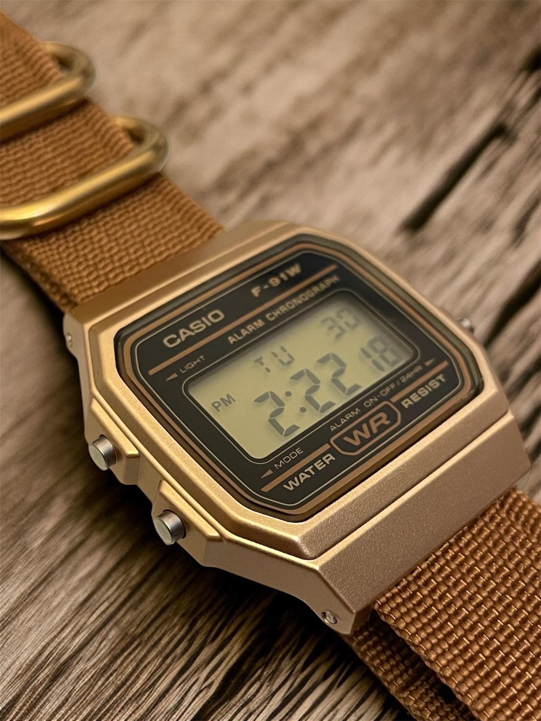 Custom Casio F-91 Gold Digital Watch – Brown Nylon Strap With Gold ...