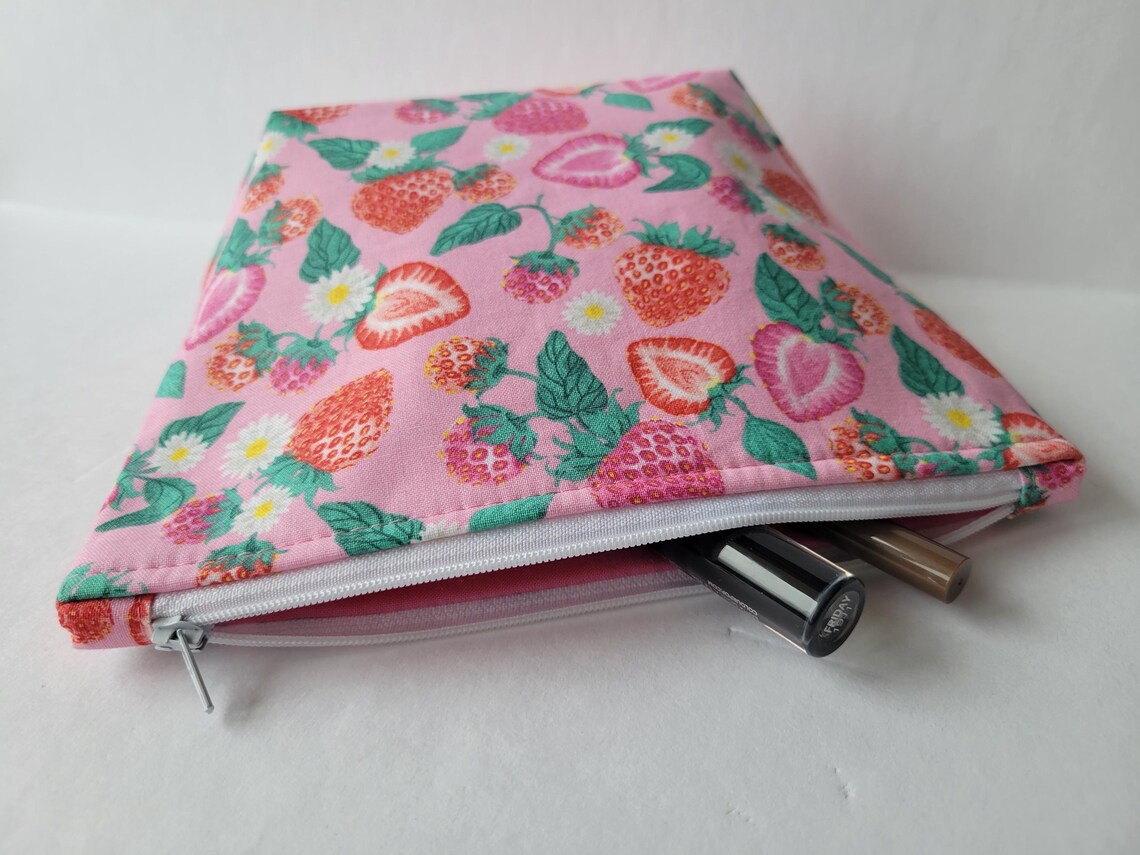Pink Strawberries Flat Bottom Makeup Bag Zipper Pouch Pencil Case - Etsy