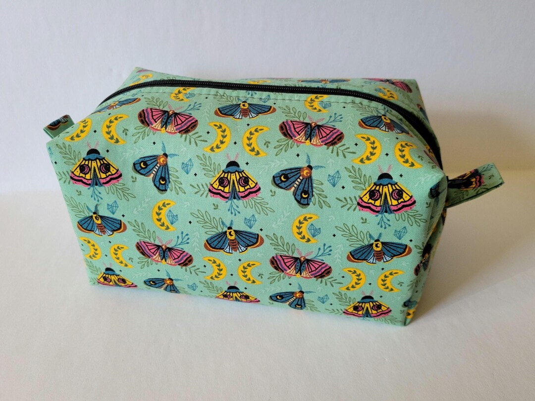 Moths and Moons on Mint Boxy Makeup Cosmetic Bag Zipper Pouch Pencil ...