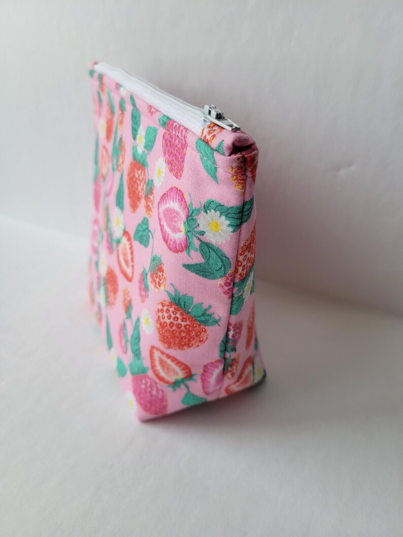 Pink Strawberries Flat Bottom Makeup Bag Zipper Pouch Pencil Case - Etsy
