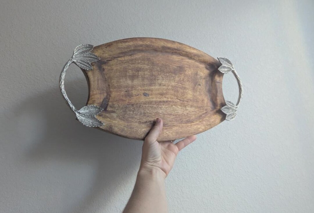 Vintage Wood Serving Tray: Silver Leaf Handles, Rustic Farmhouse Decor ...