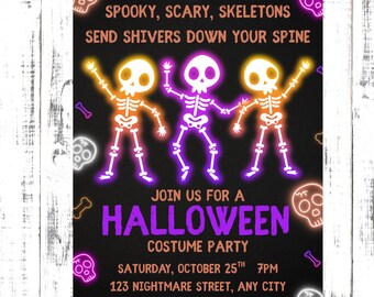 Editable Neon Halloween Party Invite, Glow, Template, Halloween ...