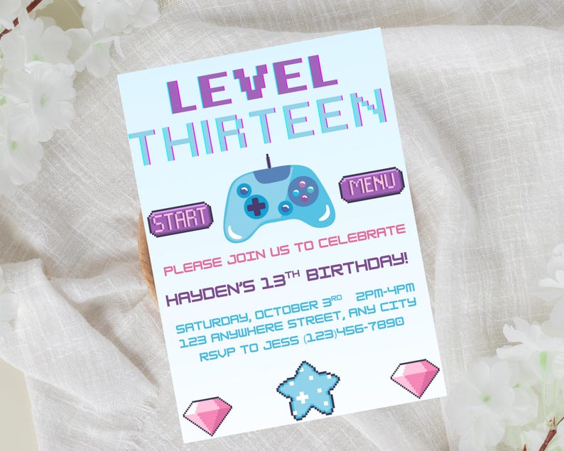 Level Thirteen Girl Birthday Invitation, Video Game 13th Party Invite ...