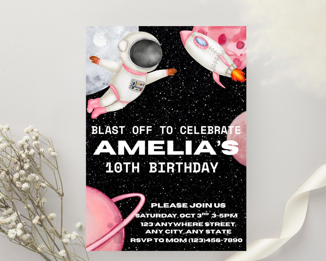 Space Birthday Party Invitation, Astronaut Outer Space Theme Invitation ...
