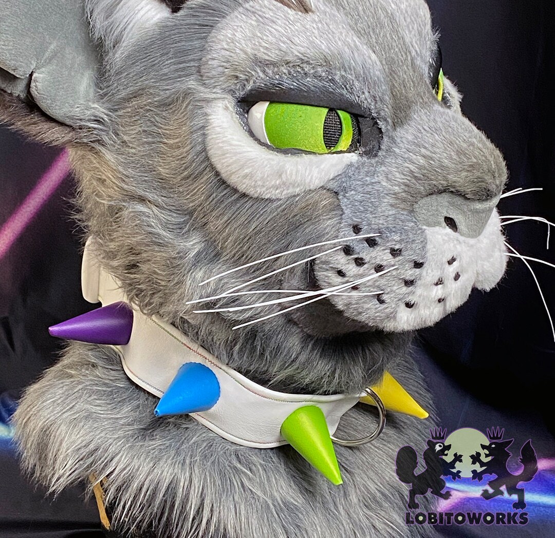 Fursuit Collar - White With Rainbow Spikes and Rainbow Stitching ...