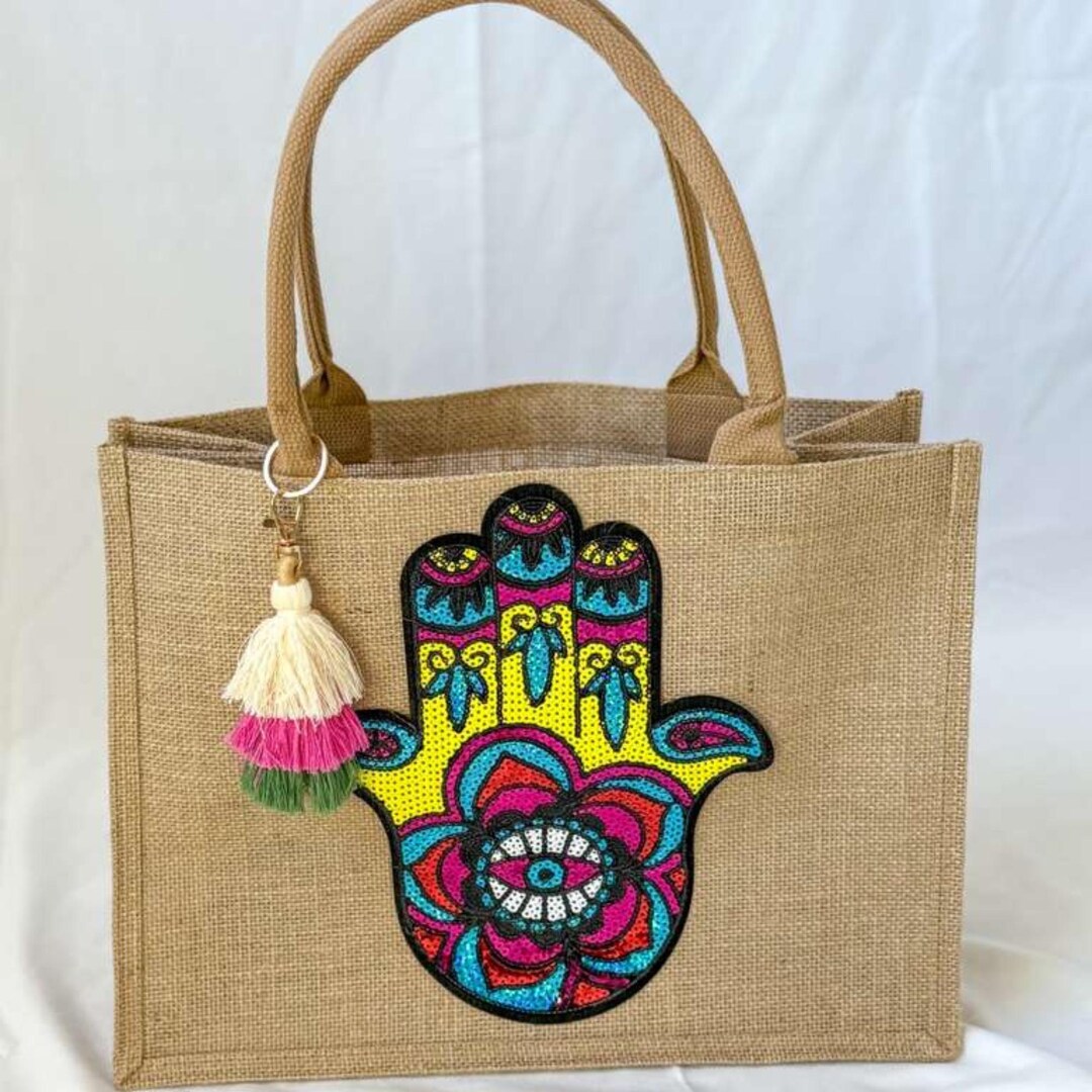 Hamsa Sequin Jute Tote Bag, Boho Chic Handbag, Summer Beach Bag ...
