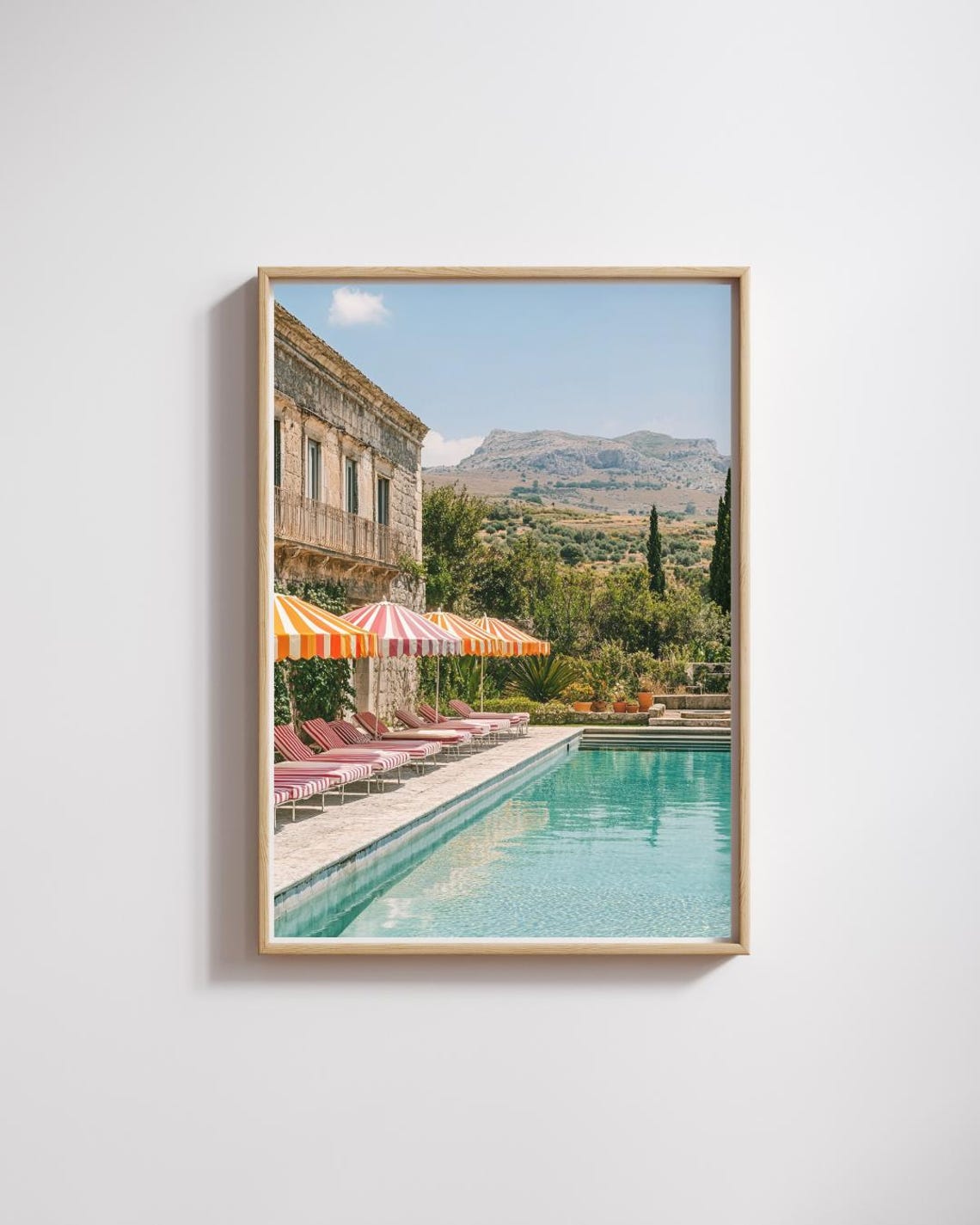 Mediterranean Poolside Print: Retro Italian Villa Coastal Art (digital ...
