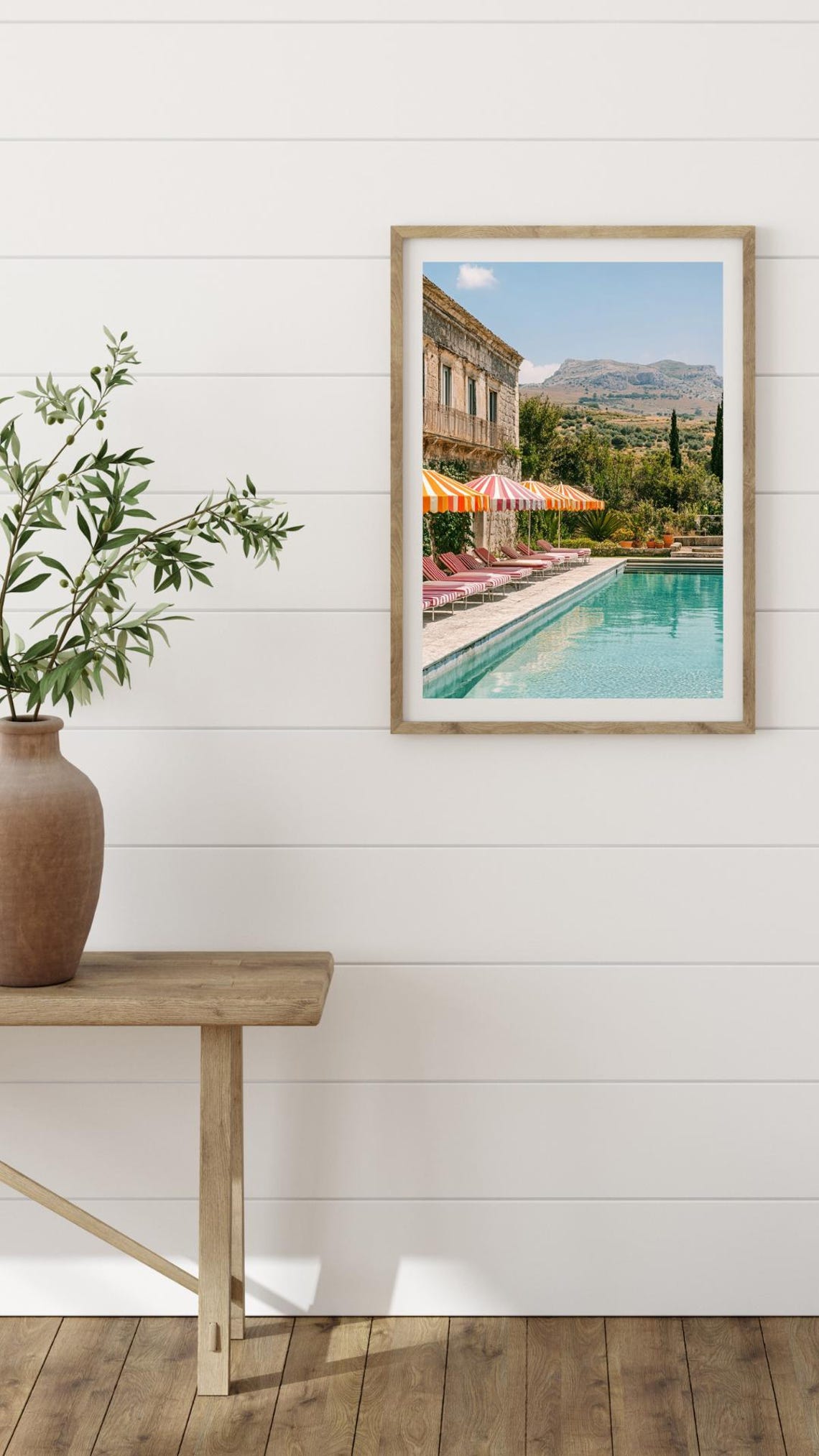 Mediterranean Poolside Print: Retro Italian Villa Coastal Art (digital ...