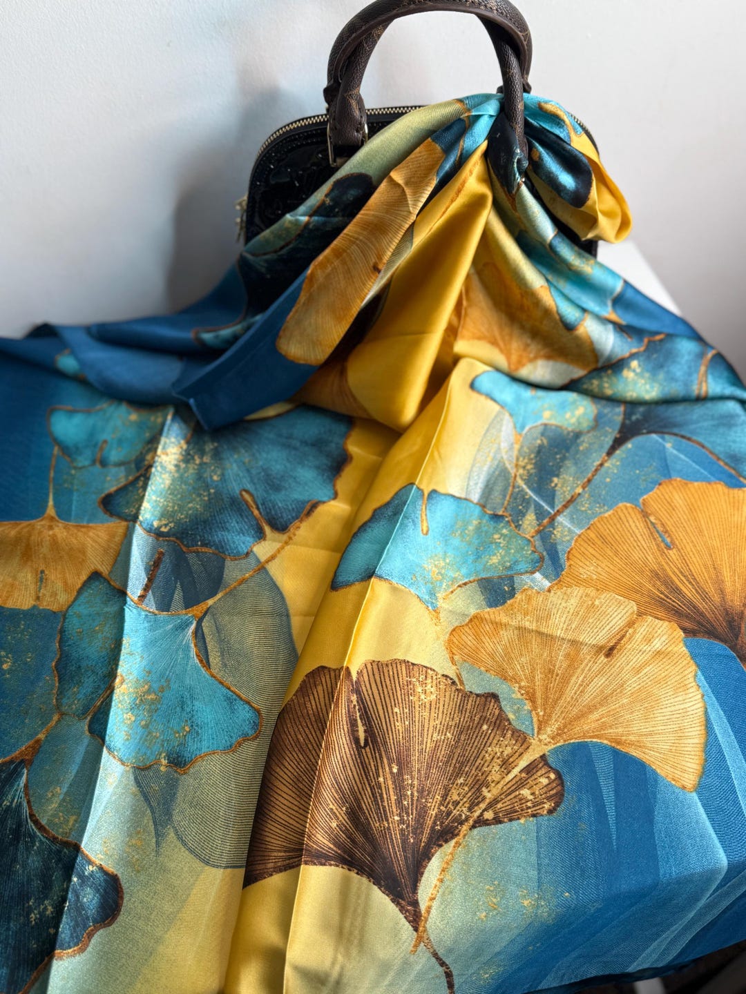 Blue & Gold Ginkgo Leaf Silk Scarf: Botanical Shawl Wrap - Etsy