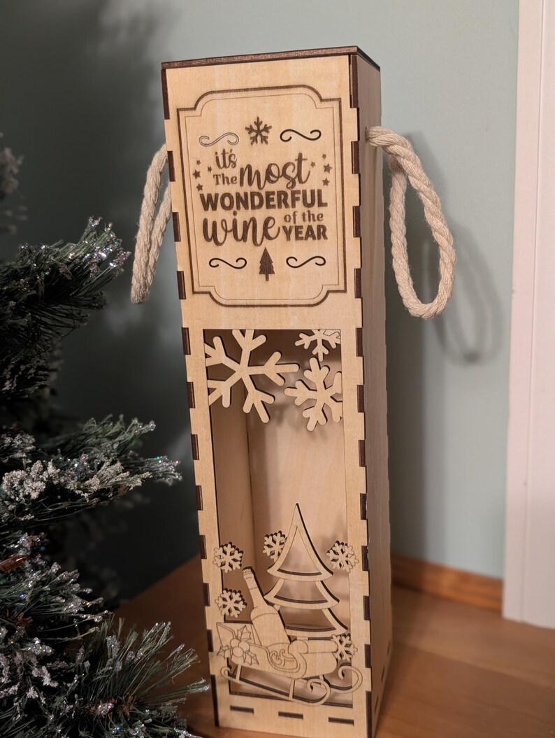 Laser-cut Wood Christmas Wine Gift Box - Holiday Decor & Bottle Holder ...