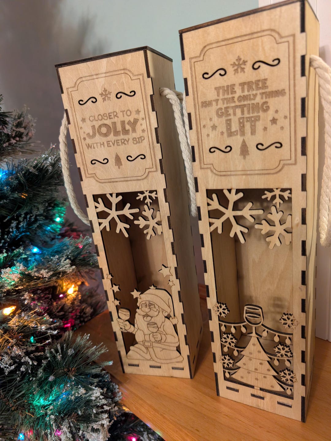 Laser-cut Wood Christmas Wine Gift Box - Holiday Decor & Bottle Holder ...
