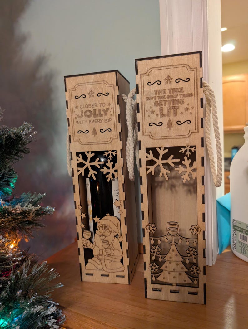 Laser-cut Wood Christmas Wine Gift Box - Holiday Decor & Bottle Holder ...