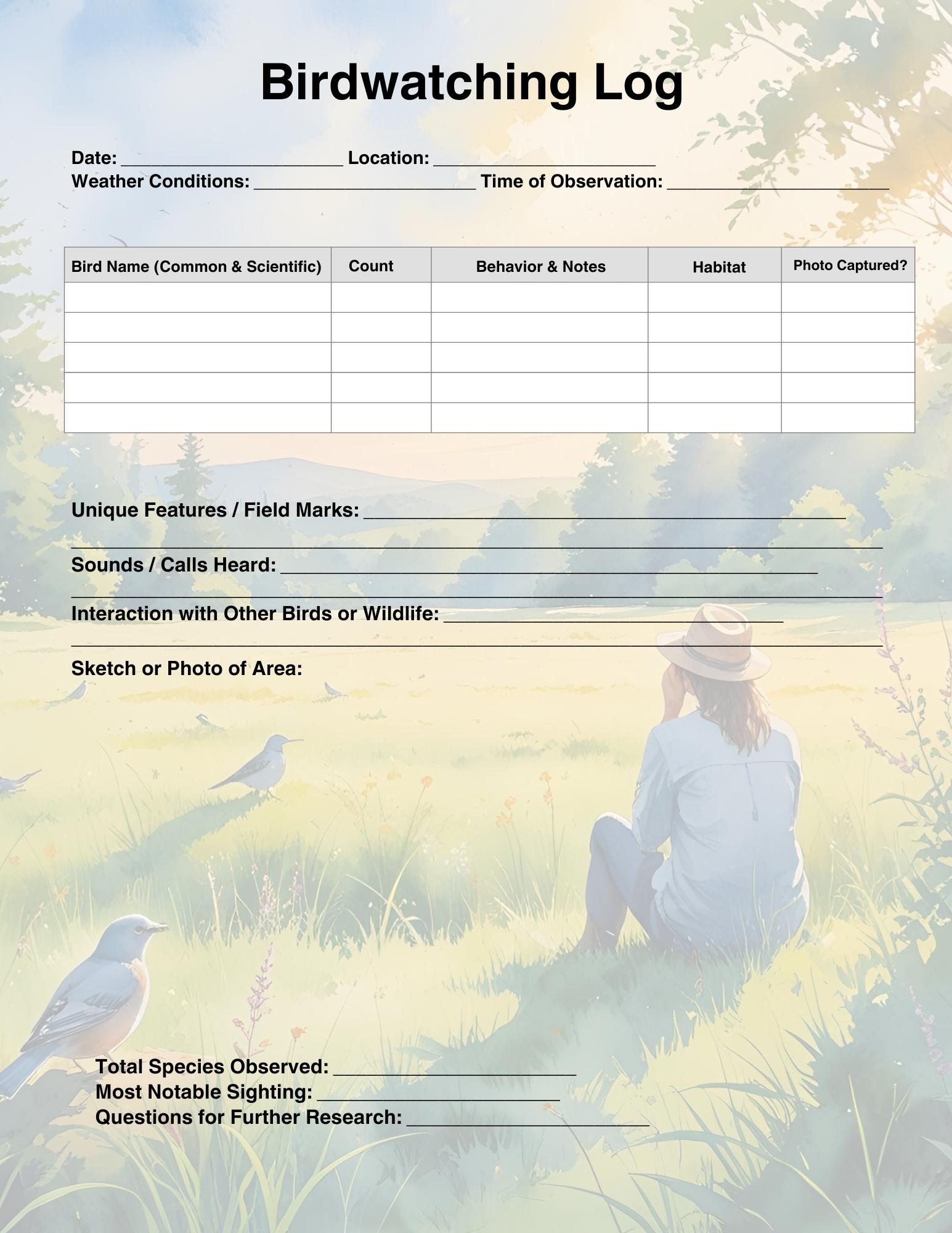 Printable Birdwatching Log: Nature Observation Journal (digital ...