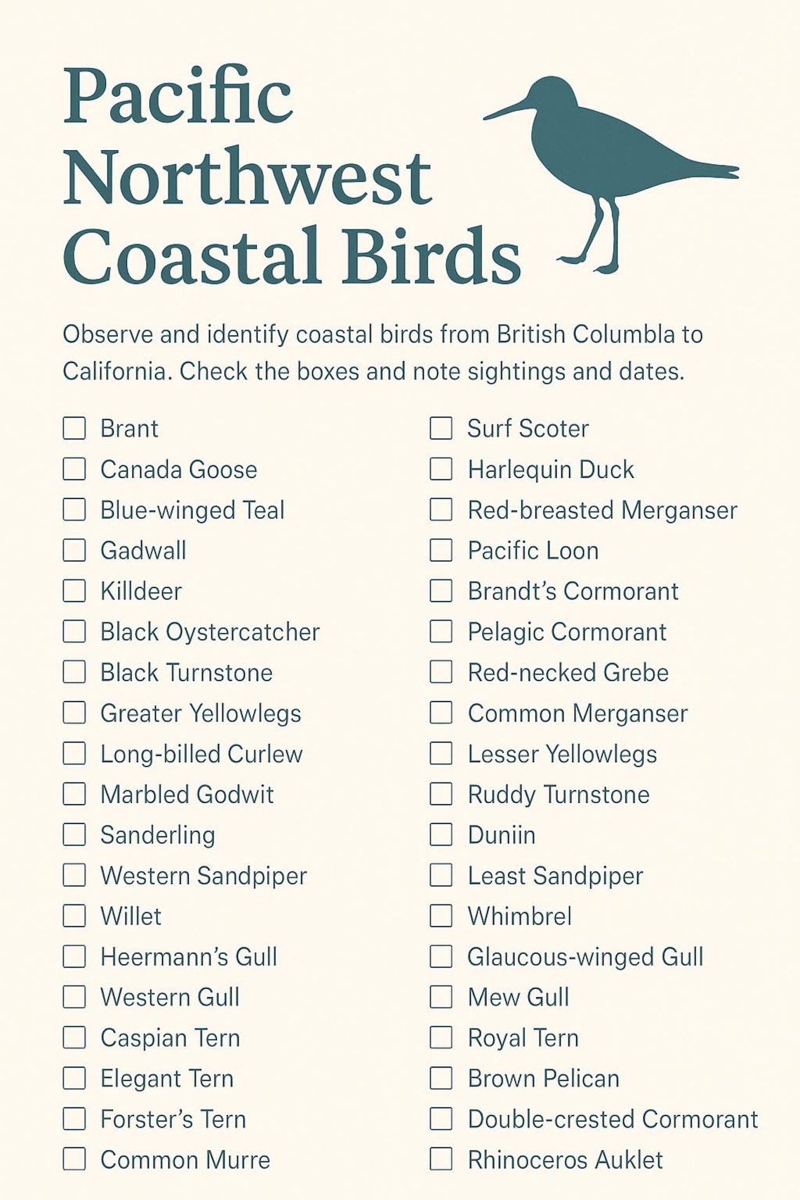 Birdwatching Checklist/log - Pacific Coast Birds - Etsy