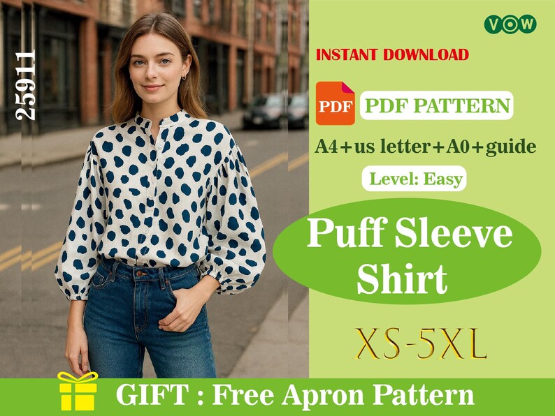 Puff Sleeve Blouse Sewing Pattern PDF | Women Stand Collar Shirt ...