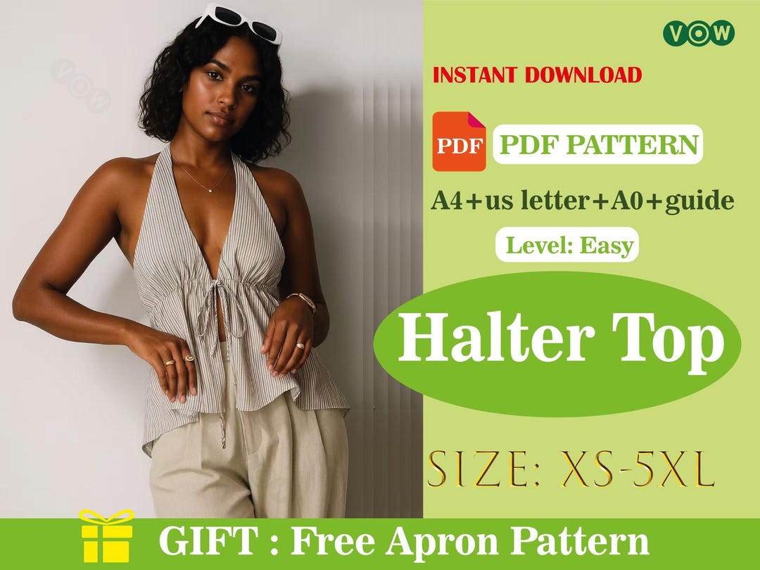 Striped Halter Top PDF Sewing Pattern, Summer Sleeveless Blouse DIY - Etsy