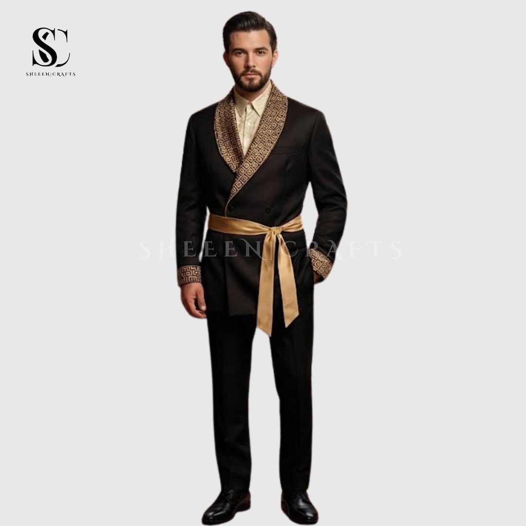 Victorian Style Luxury Black Men's Suit With Gold Sash Belt, Patterned ...
