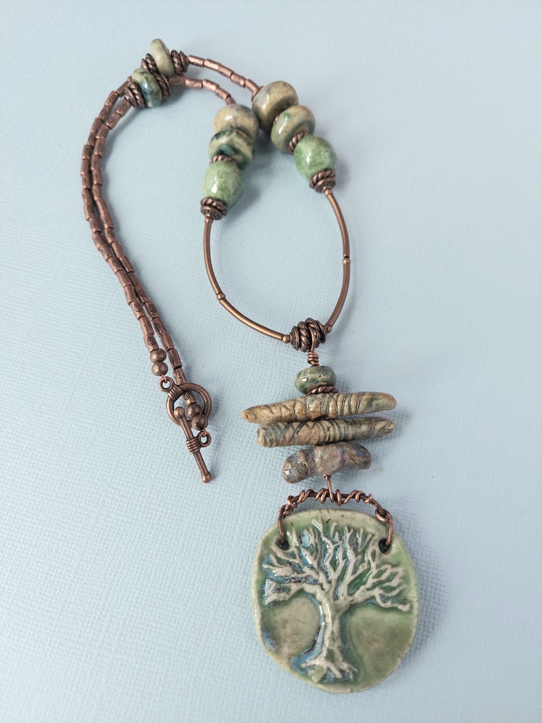 Handmade Ceramic Green & Blue Tree of Life Necklace, Antiqued Copper ...