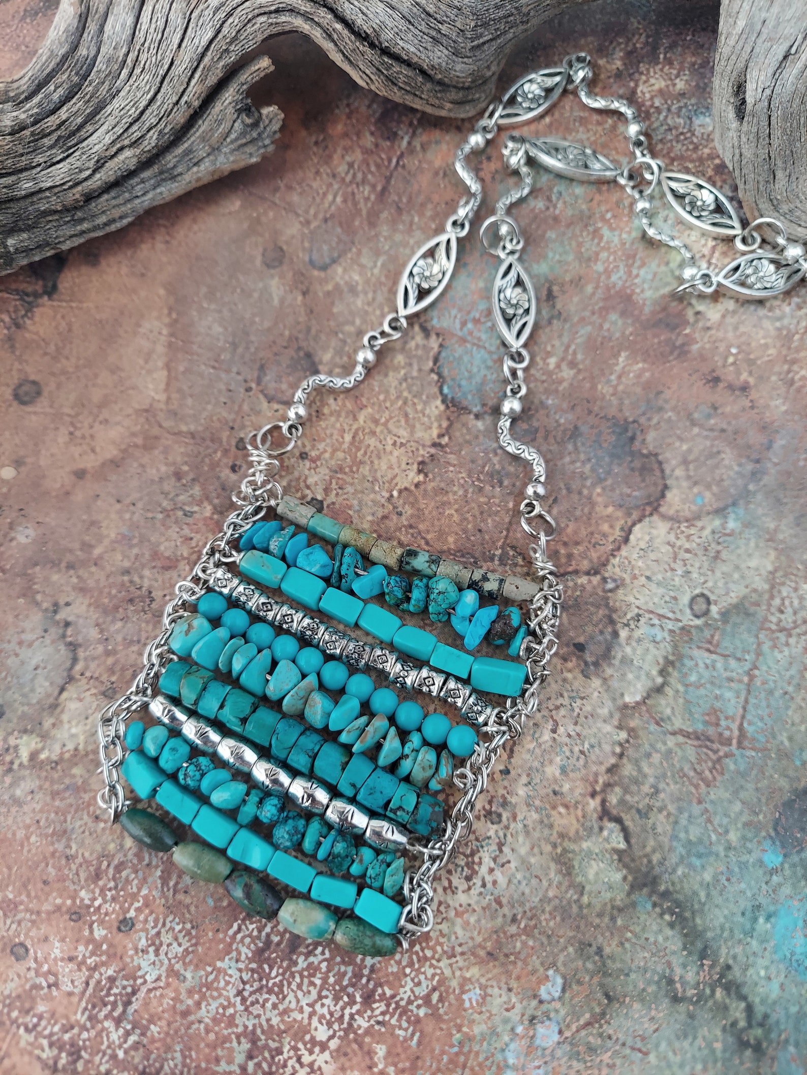 Multi Row Turquoise & Silver Ladder Necklace Gemstone Flower - Etsy
