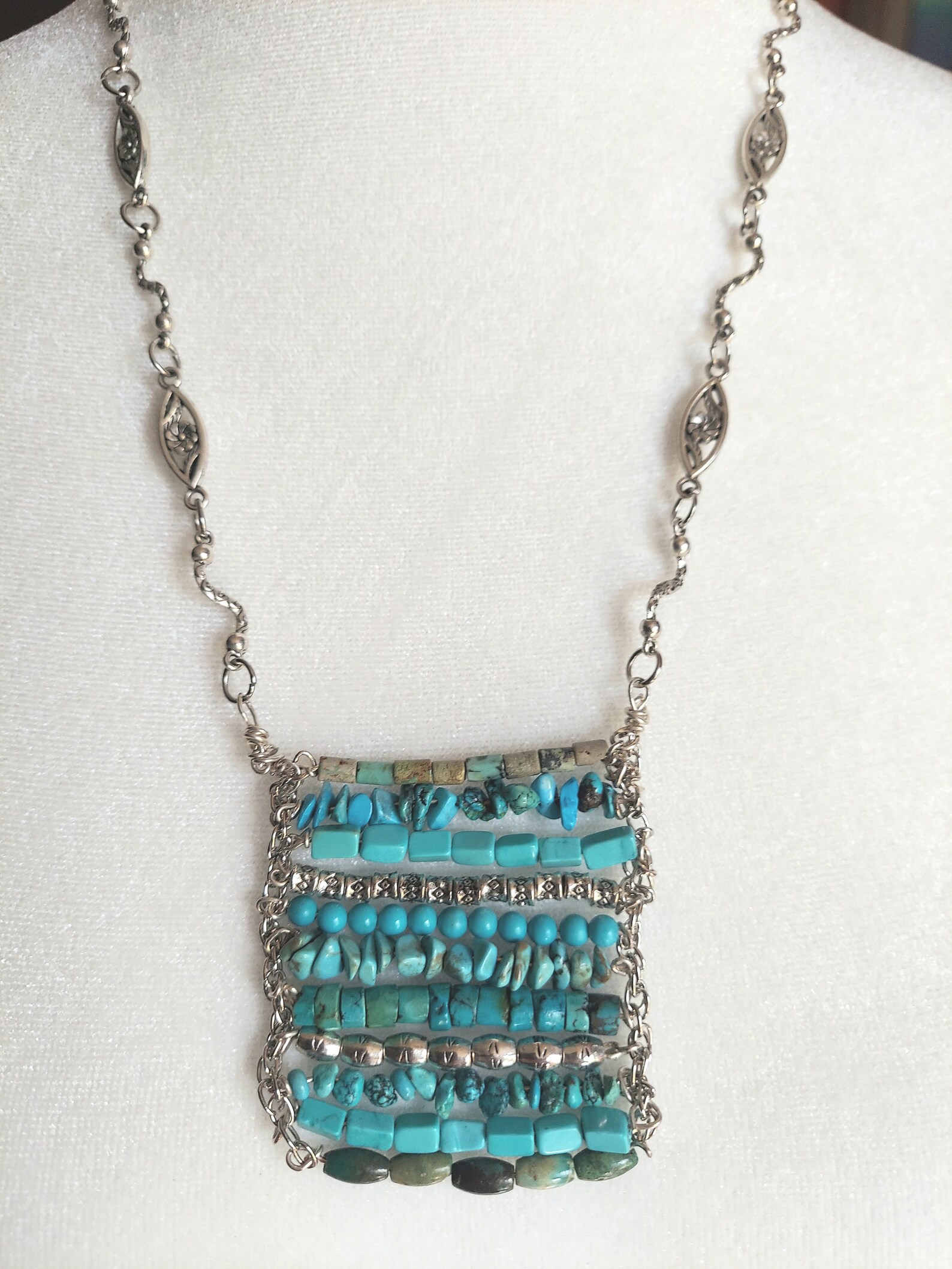 Multi Row Turquoise & Silver Ladder Necklace Gemstone Flower - Etsy