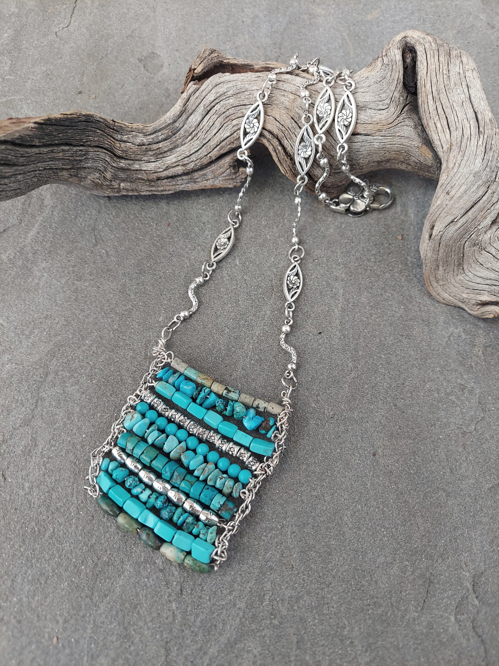 Multi Row Turquoise & Silver Ladder Necklace Gemstone Flower - Etsy