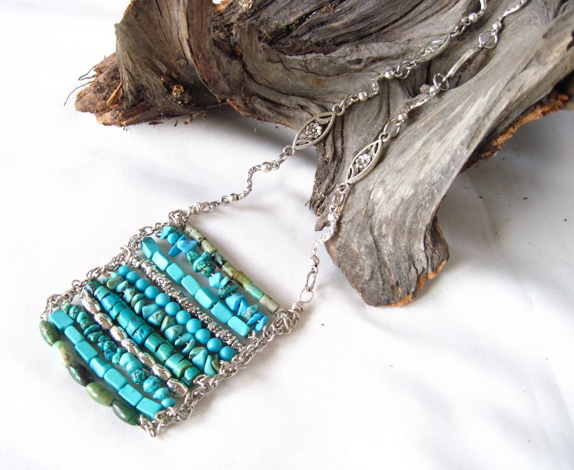 Multi Row Turquoise & Silver Ladder Necklace Gemstone Flower - Etsy