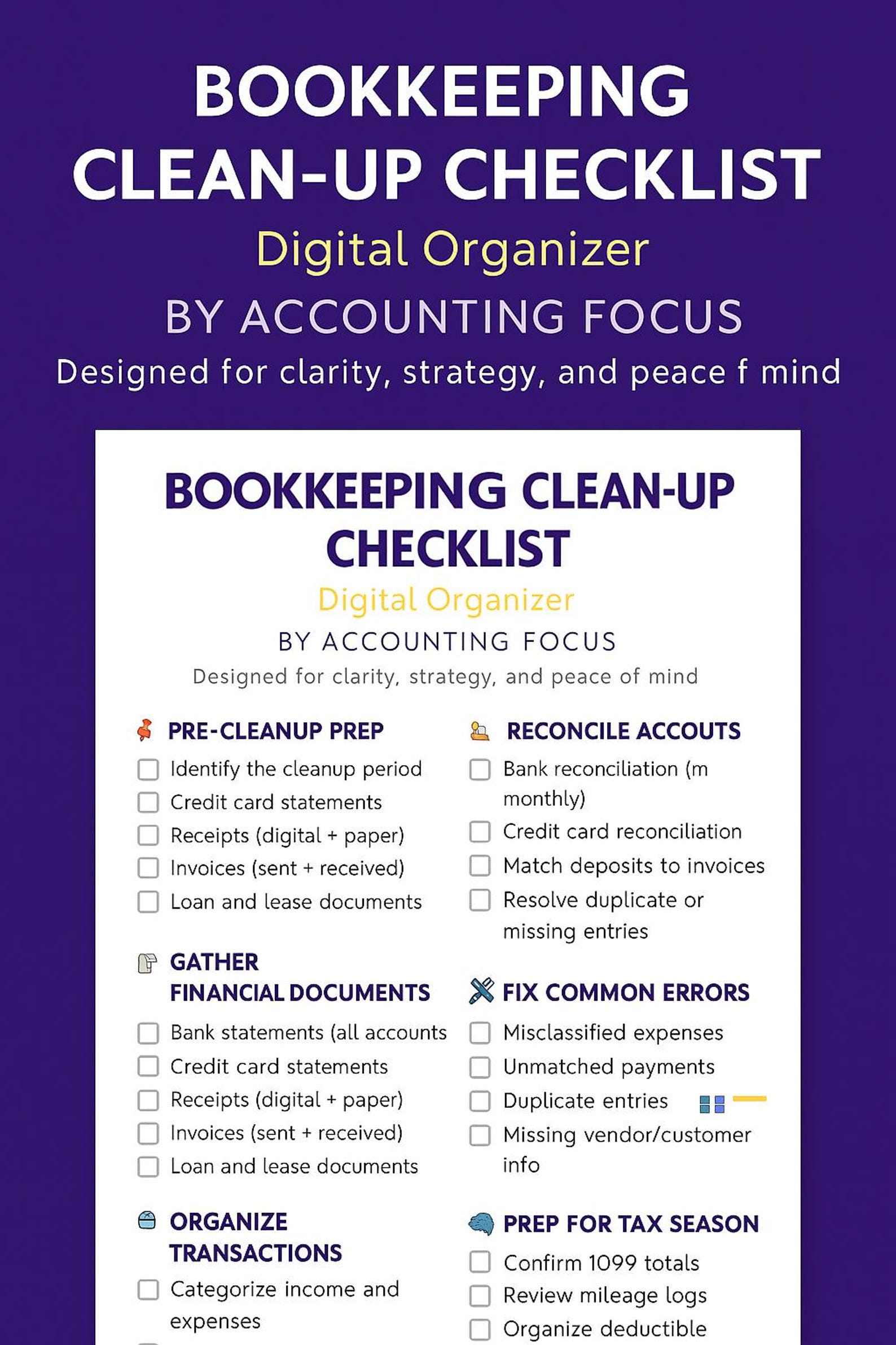 Bookkeeping Clean-up Checklist (digital Download), Organize Finances - Etsy
