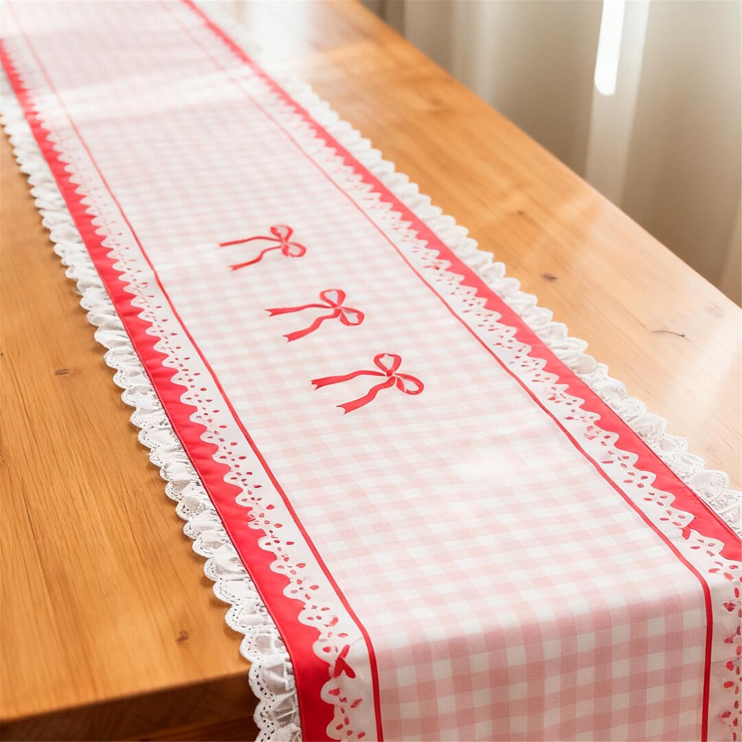 Pink Bow Table Runner With Tassels, French Cottagecor Table Runner ...