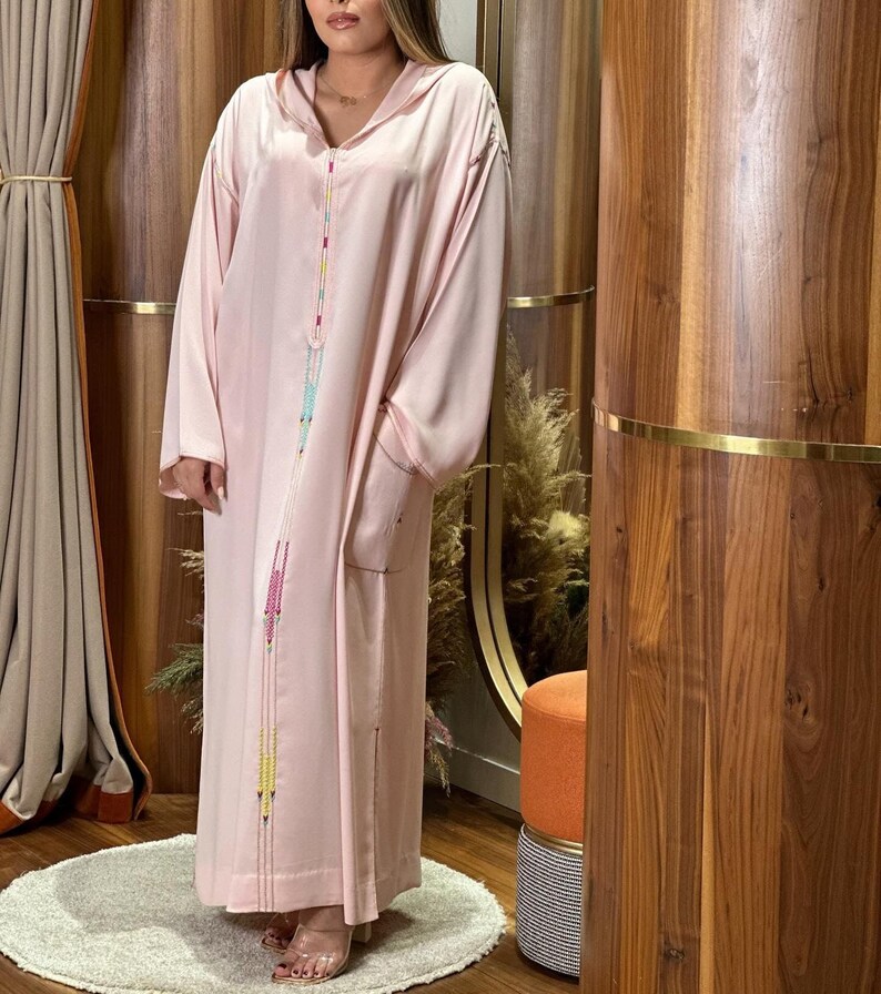 Pastel Pink Moroccan Jellaba: Hooded Satin-crepe Caftan With Multicolor ...